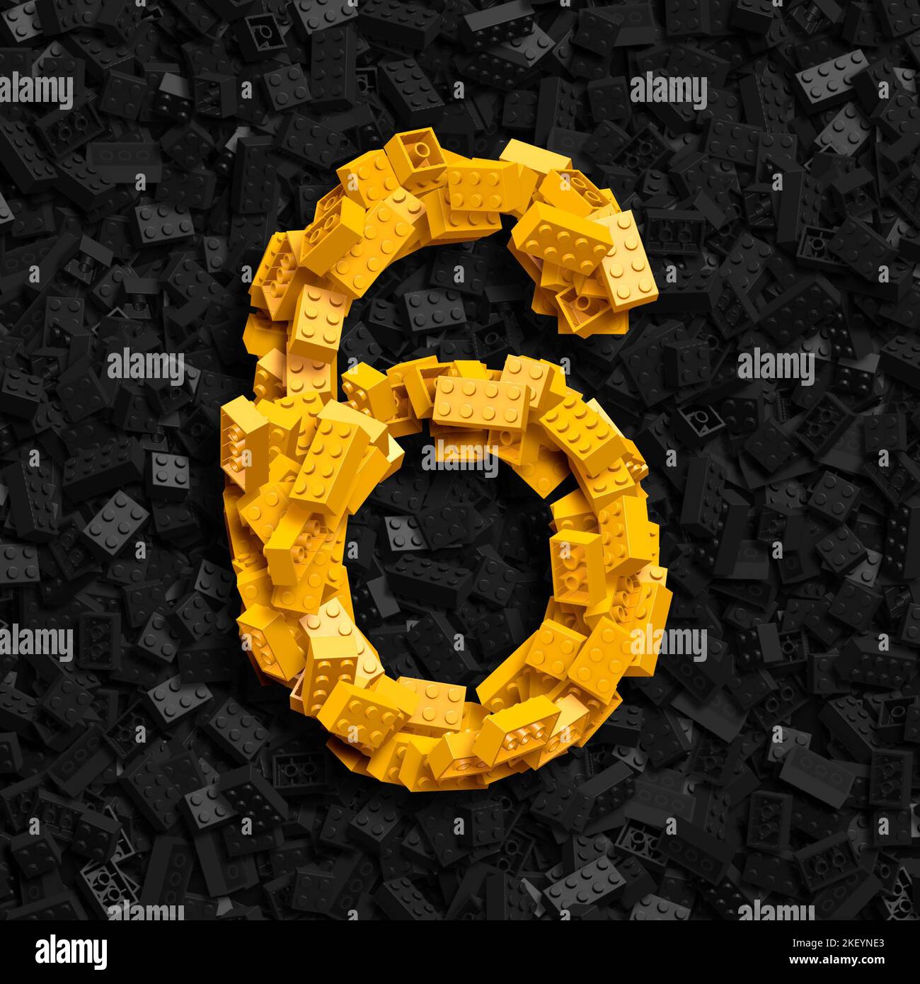 3d alphabet, set of yellow numbers made of bricks on dark background ...