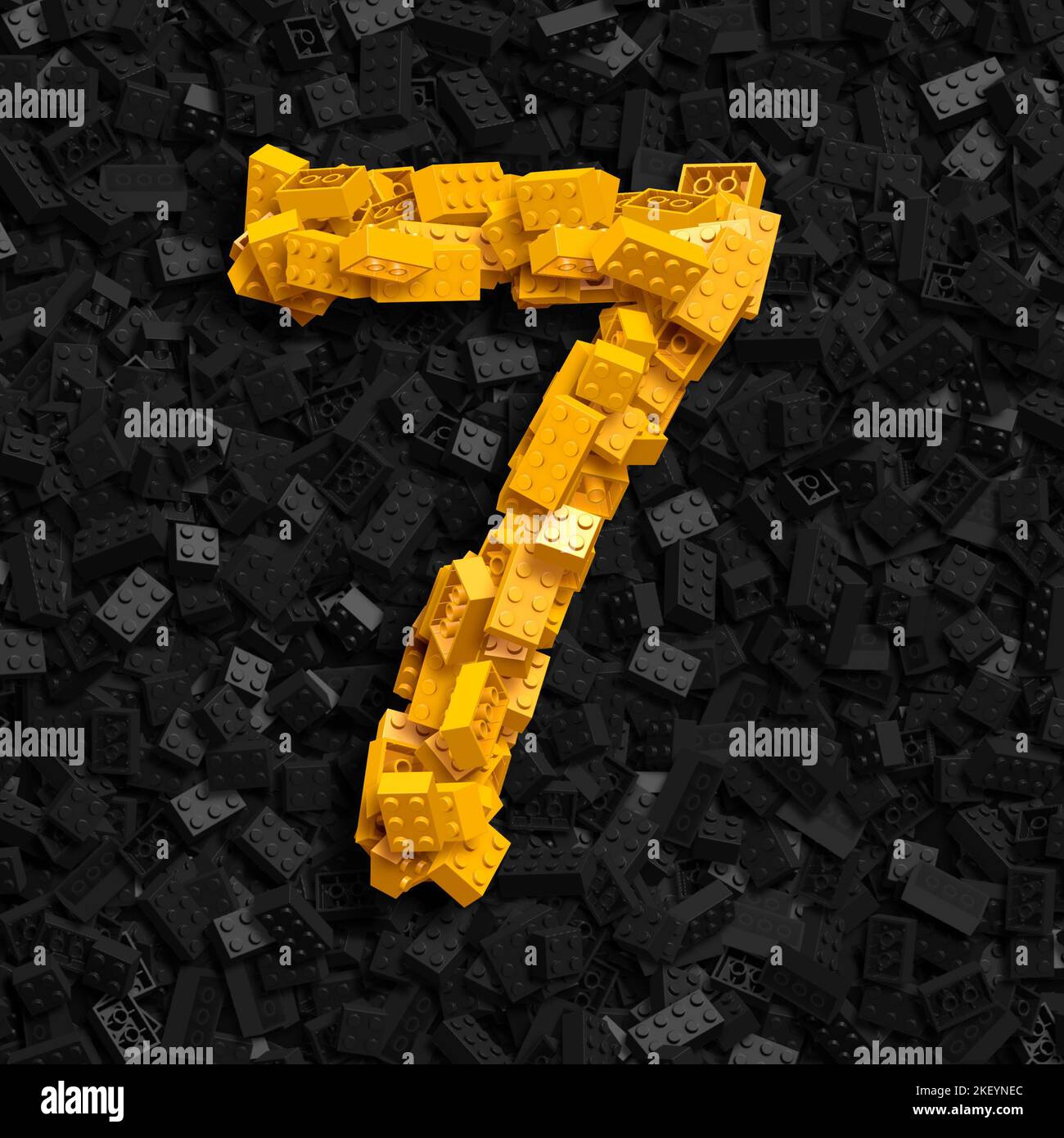 3d alphabet, set of yellow numbers made of bricks on dark background ...