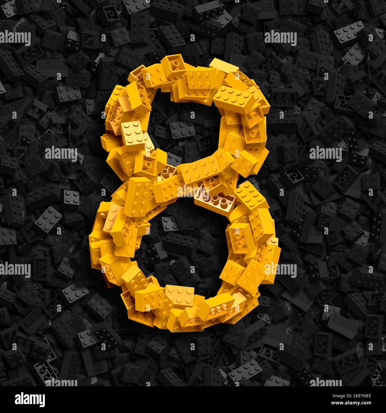 3d alphabet, set of yellow numbers made of bricks on dark background ...