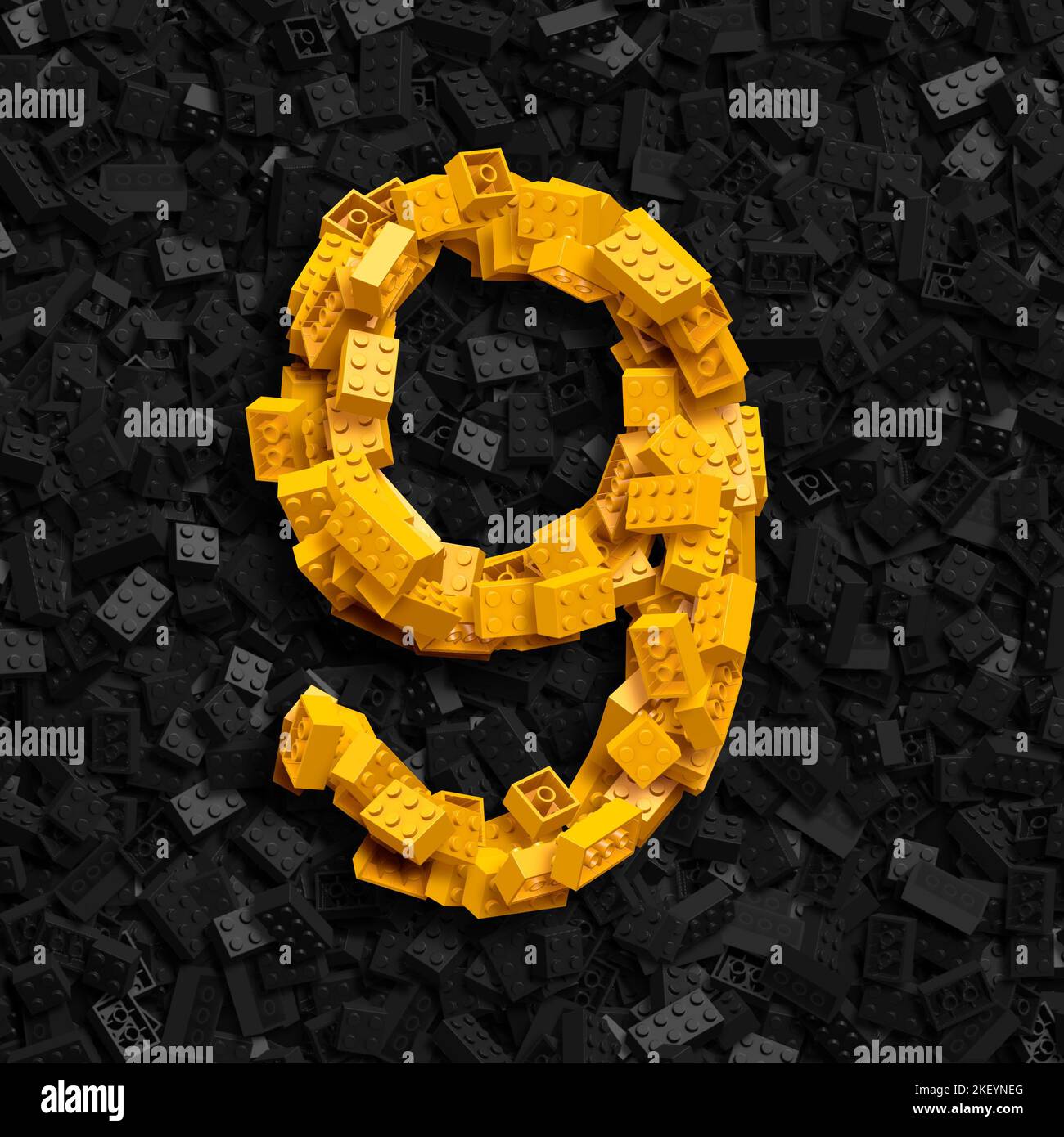 3d alphabet, set of yellow numbers made of bricks on dark background ...