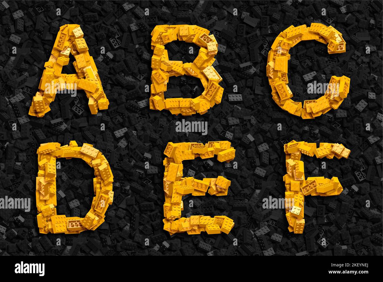 3d alphabet, set of yellow letters made of bricks on a dark background ...
