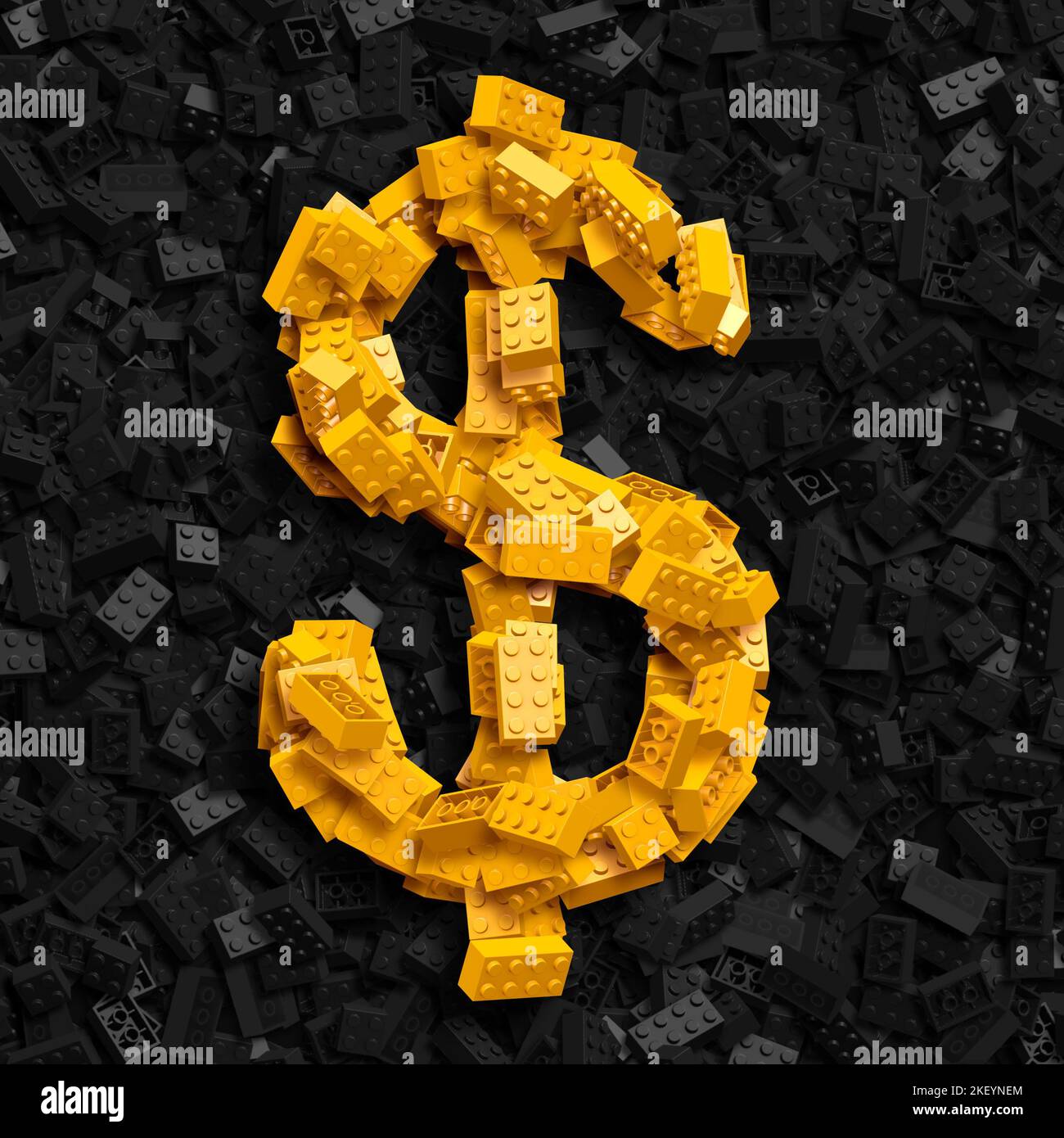 3d alphabet, set of yellow numbers made of bricks on dark background ...