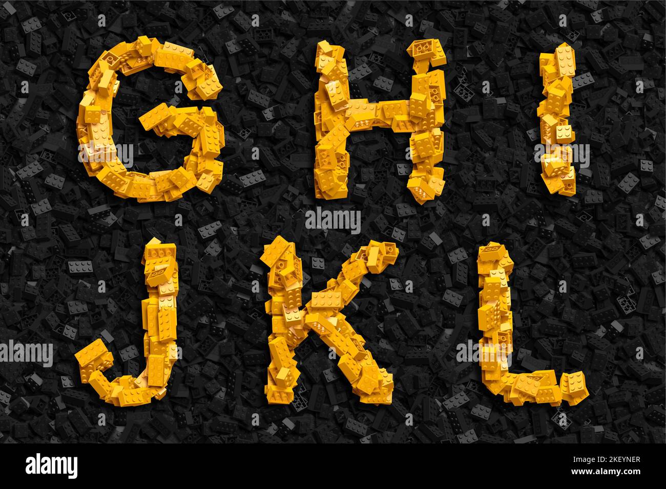 3d alphabet, set of yellow letters made of bricks on a dark background ...