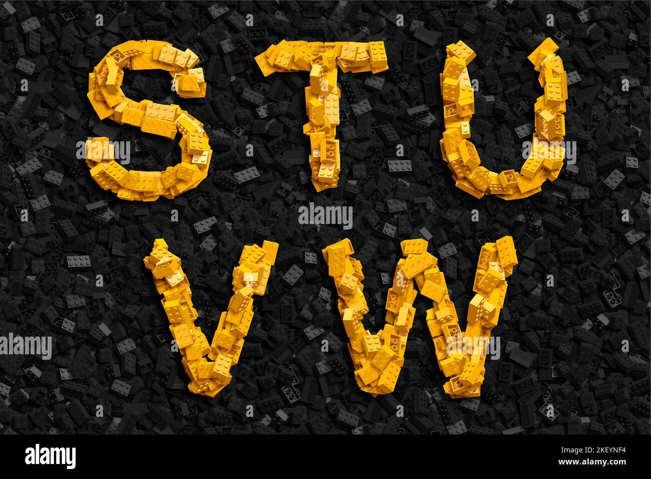3d alphabet, set of yellow letters made of bricks on a dark background ...