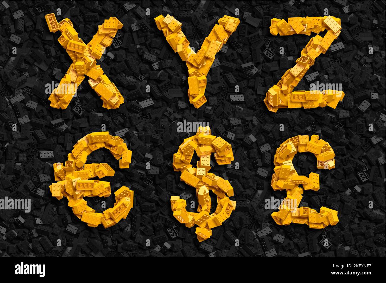 3d alphabet, set of yellow letters made of bricks on a dark background ...