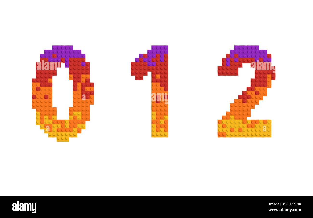 set of letters and number made of multicolored bricks. 3d alphabet, one ...