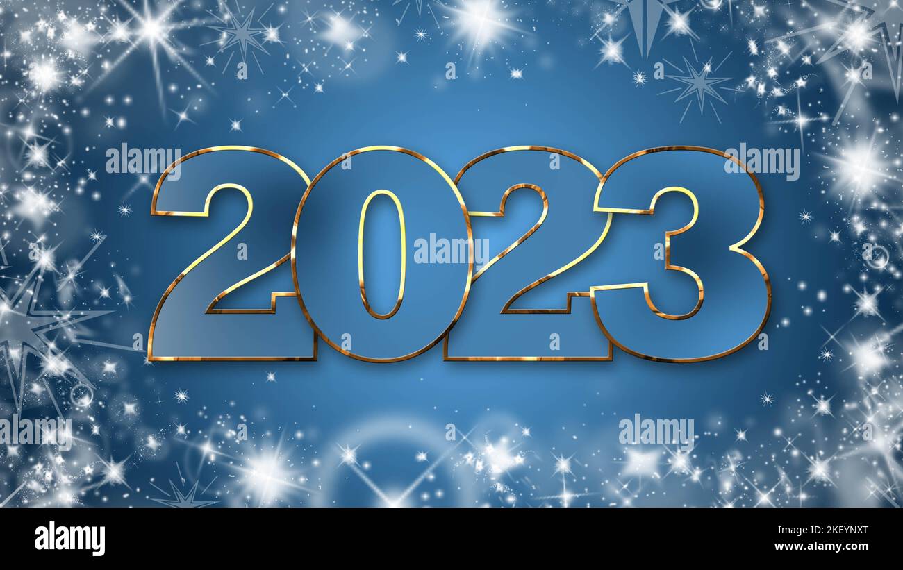 Year 2023 lettering in gold frame on blue background with white stars ...