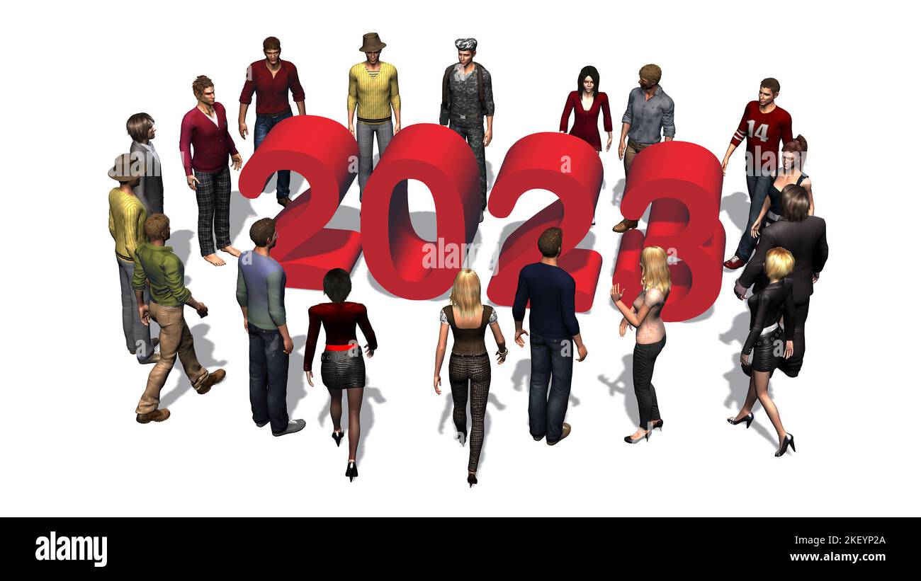 Year change to 2023 - digits surrounded by people isolated on white ...