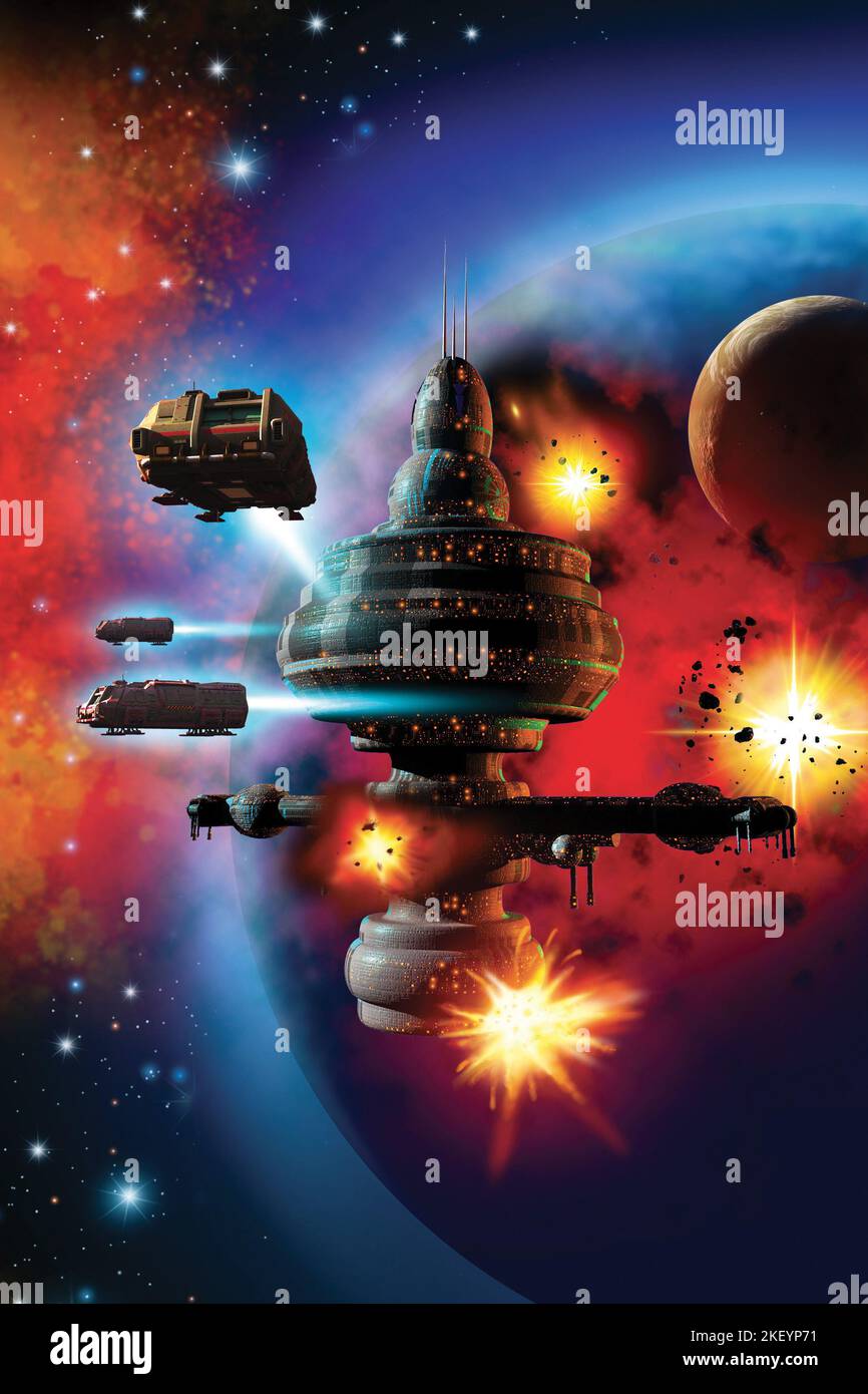 spaceships in a space battle around alien planetary system, 3d rendering Stock Photo - Alamy