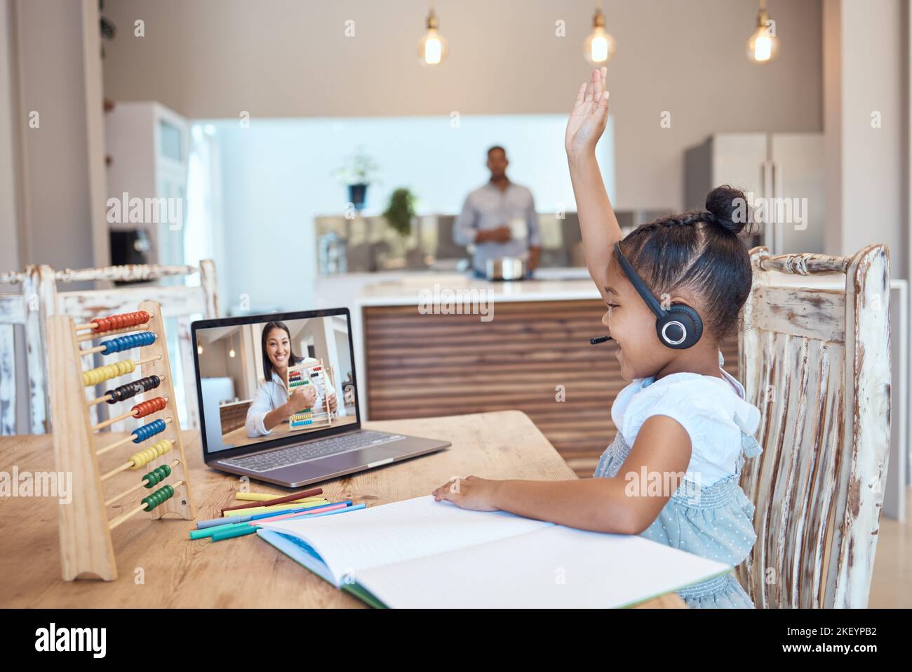 Homeschool, laptop and teacher with kid, for education and teaching in ...