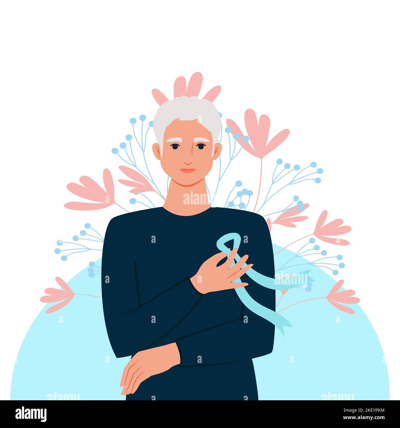 A young man is wearing a blue ribbon, a symbol of the fight against ...