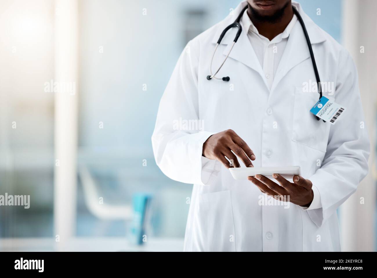 Black man, doctor or hands and digital tablet for hospital test results ...