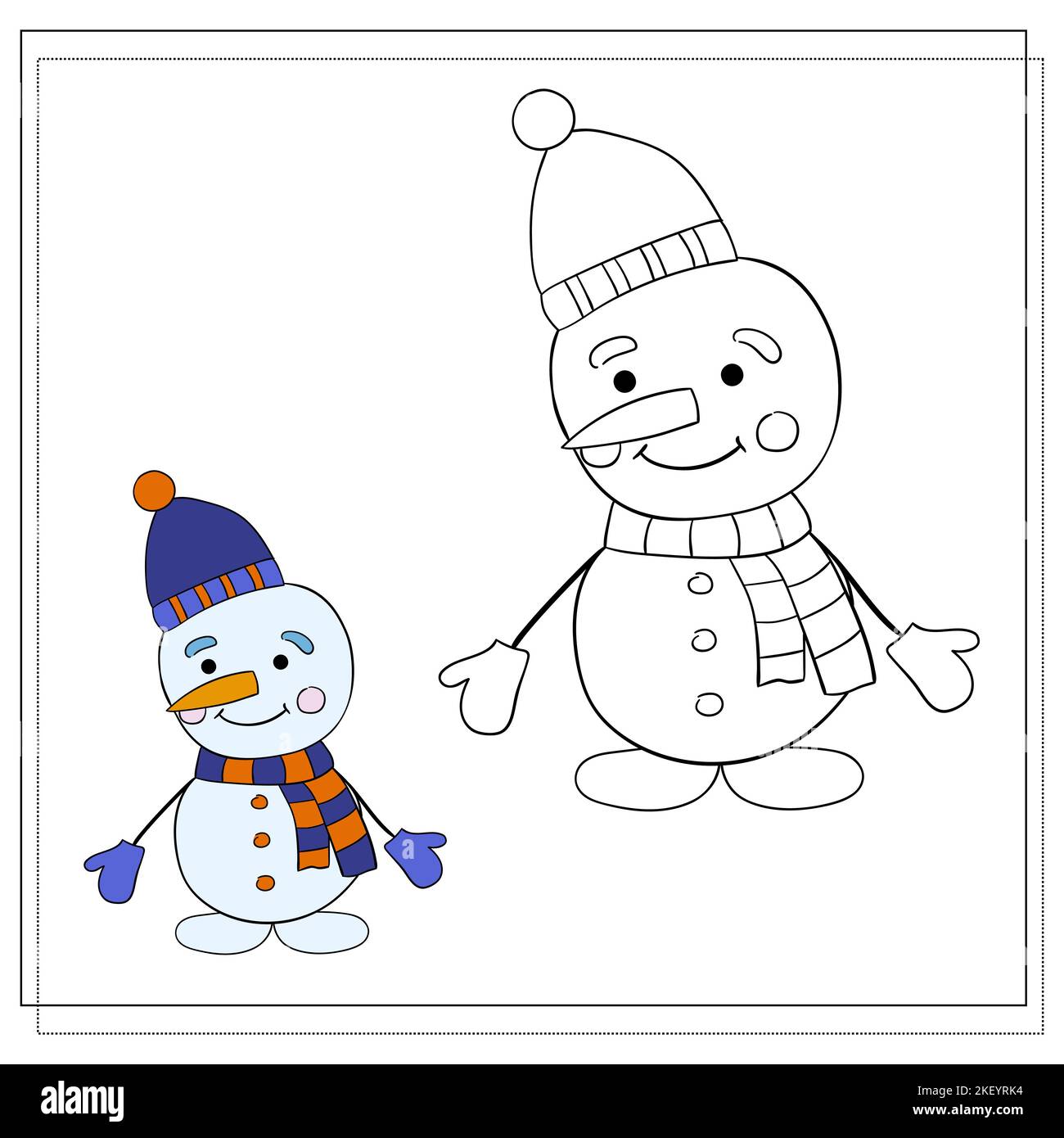 Coloring book for children. Draw a cute cartoon snowman based on the ...