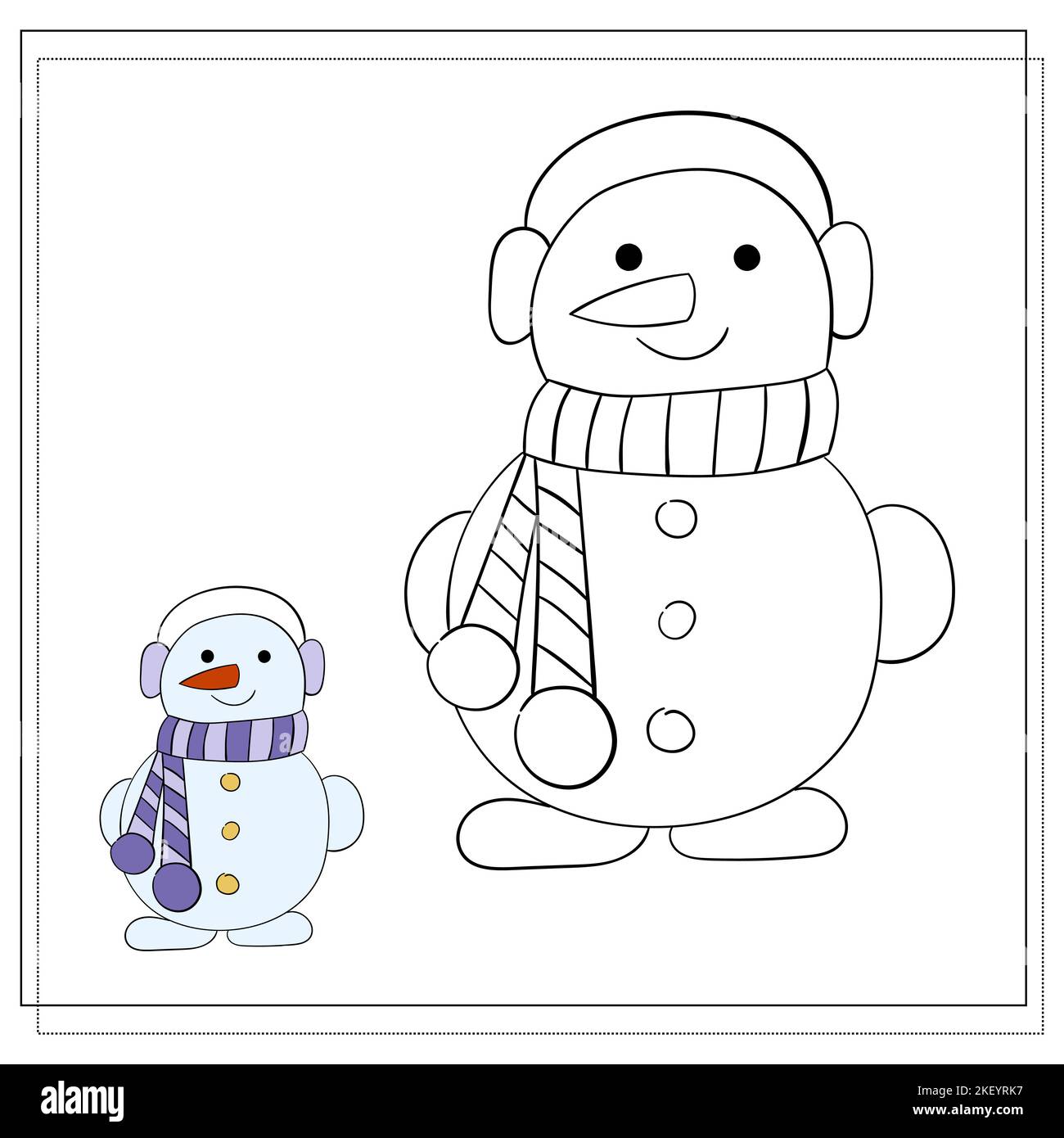 Coloring book for children. Draw a cute cartoon snowman based on the ...