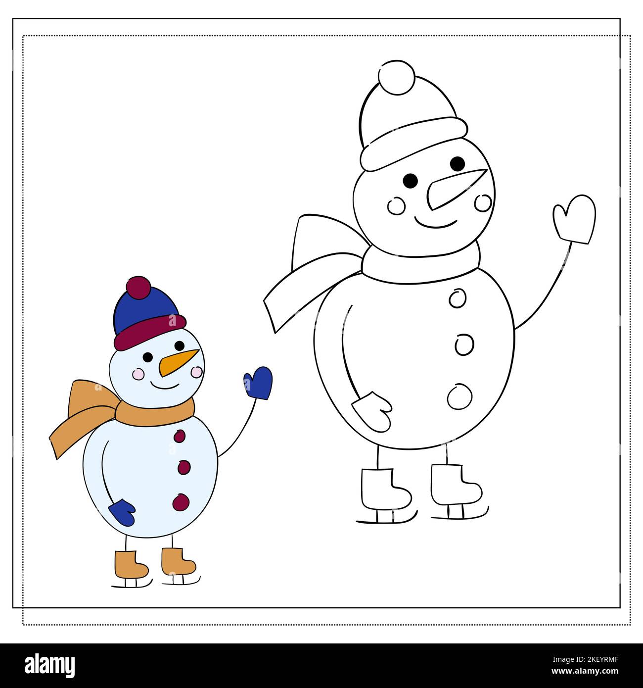 Coloring book for children. Draw a cute cartoon snowman based on the ...