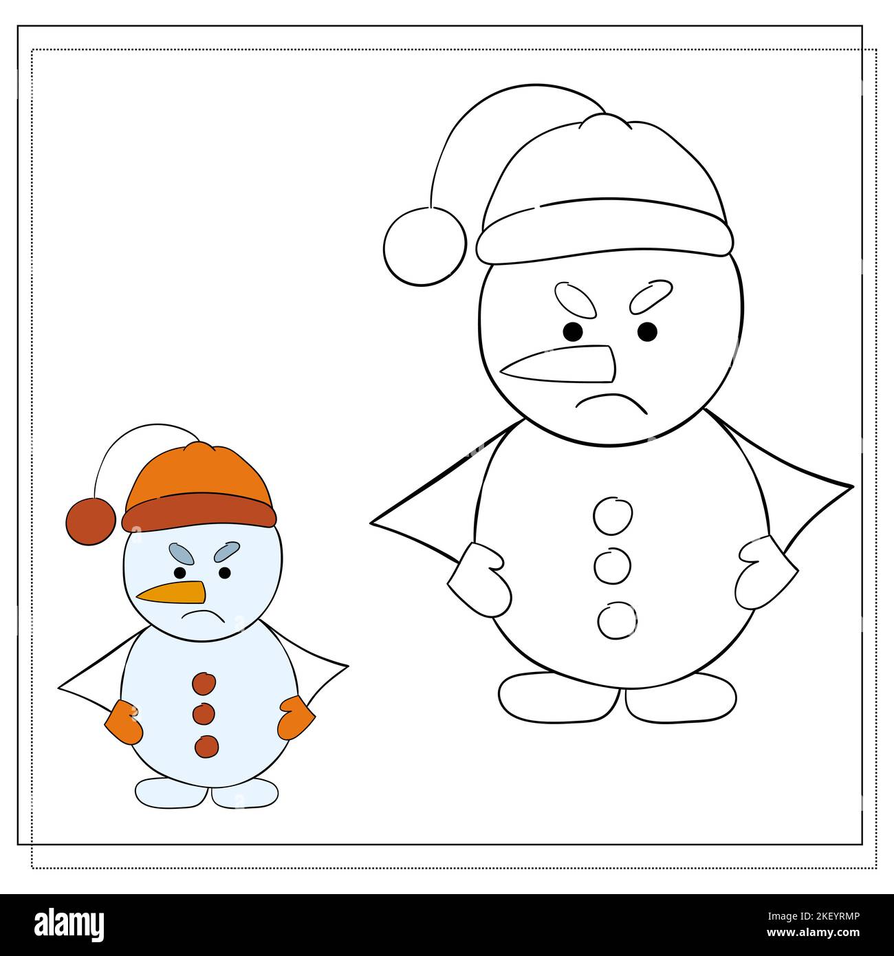 Coloring book for children. Draw a cute cartoon snowman based on the ...