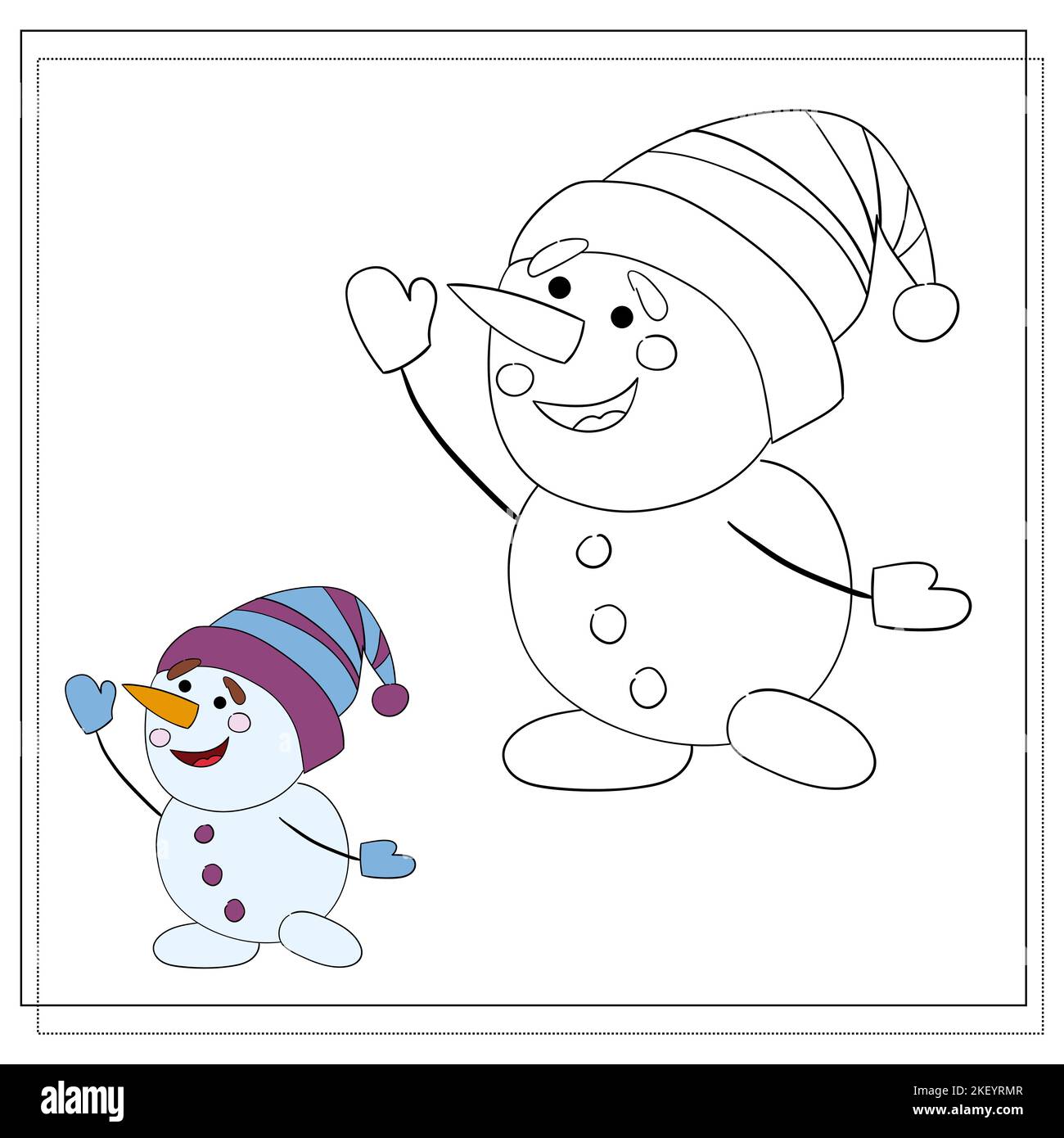 Coloring book for children. Draw a cute cartoon snowman based on the ...