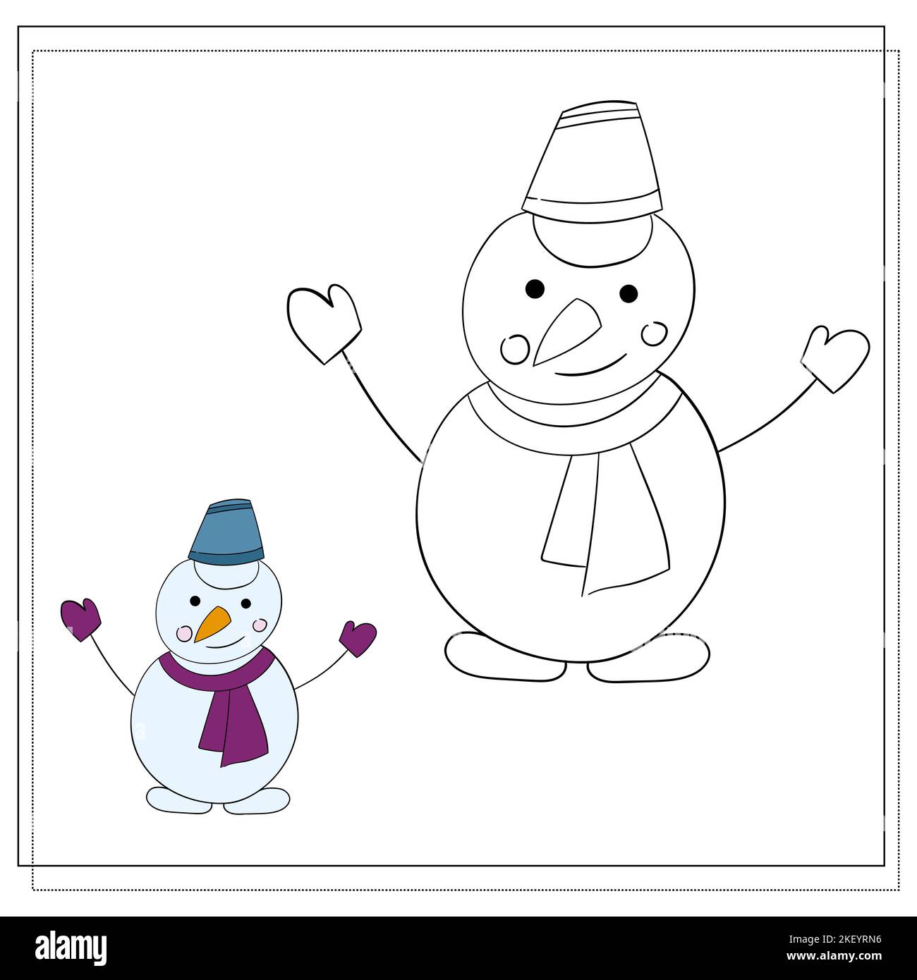 Coloring book for children. Draw a cute cartoon snowman based on the ...