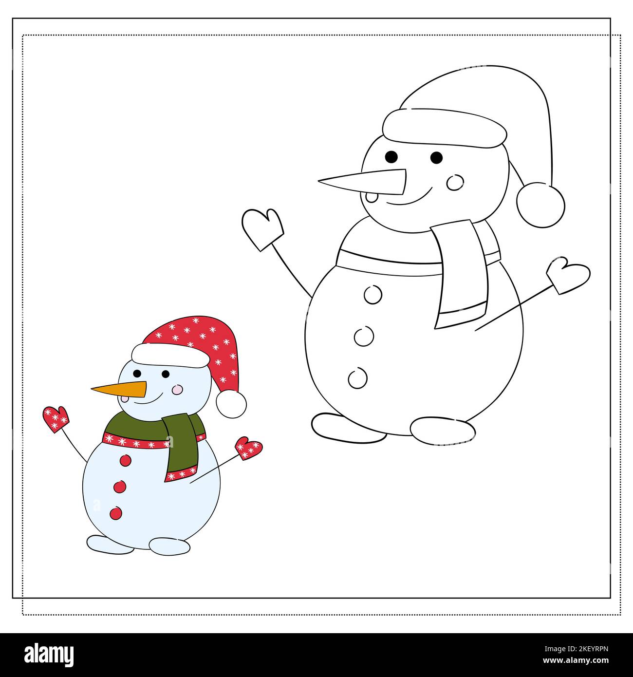 Coloring book for children. Draw a cute cartoon snowman based on the ...