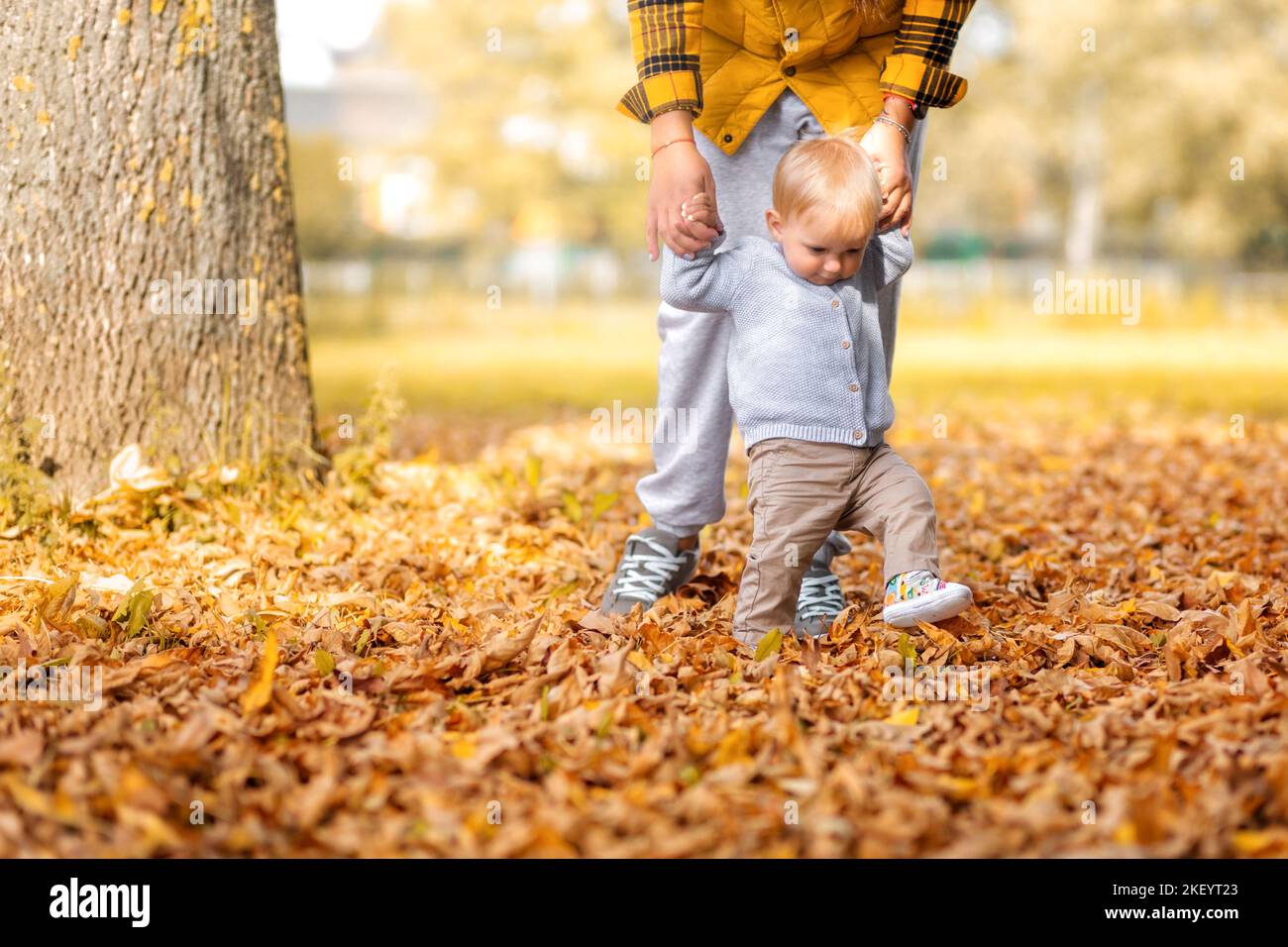 Young mother teaching her little child to walk Little baby first steps ...
