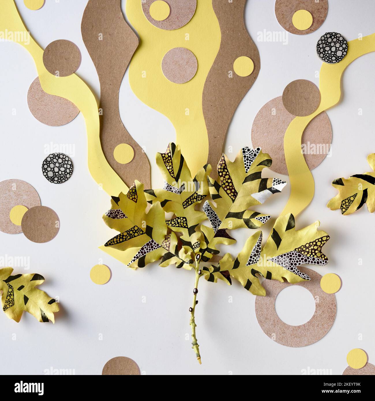 Geometric patterns painted on oak leaf. Drawing on Autumn leaves ...