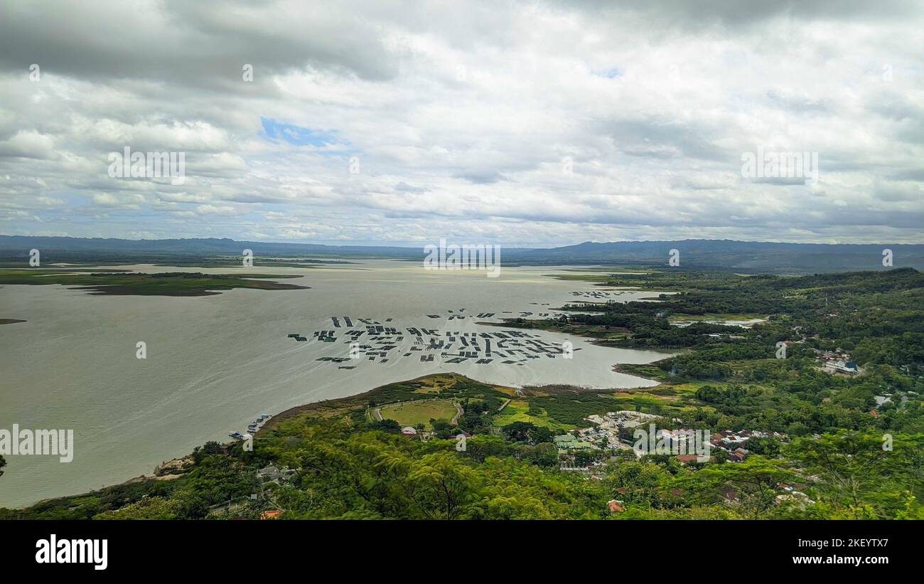 A bird's-eye view of a lake surrounded by vegetation under a cloudy sky ...