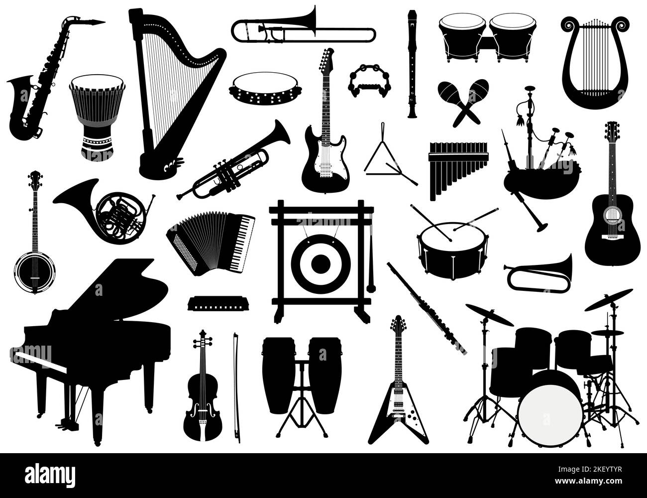 A set of silhouette musical instruments isolated on white background ...