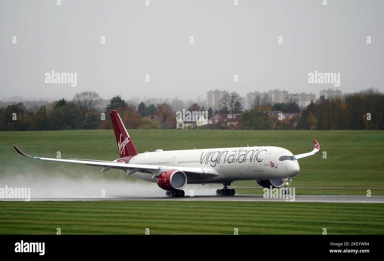 A Virgin Atlantic A350 Airbus, carrying the England football team takes ...