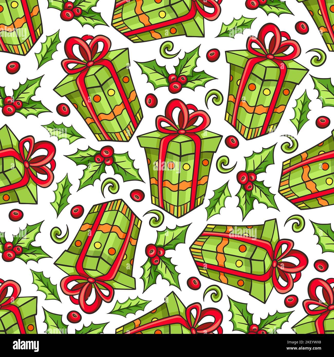 Festive Christmas seamless pattern with gifts and holly on a white ...