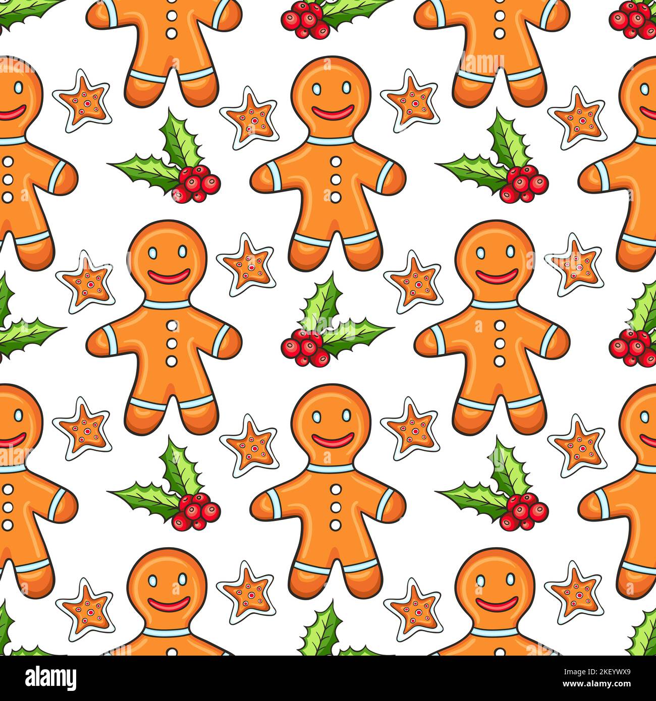 Festive Christmas seamless pattern with gingerbread man and holly on a ...