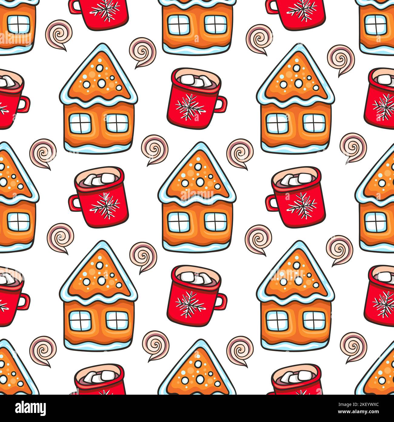 Festive Christmas seamless pattern with gingerbread house and hot ...