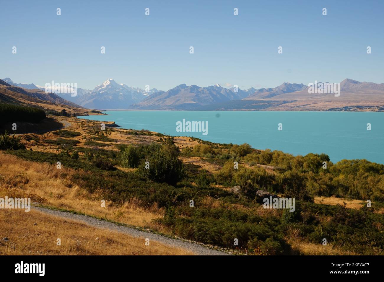 A low-angle of a landscape with a seascape and beach with grass Aoraki ...