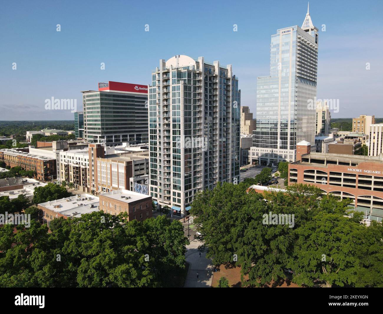 A high-angle of Raleigh downtown skyline with highrise apartment ...