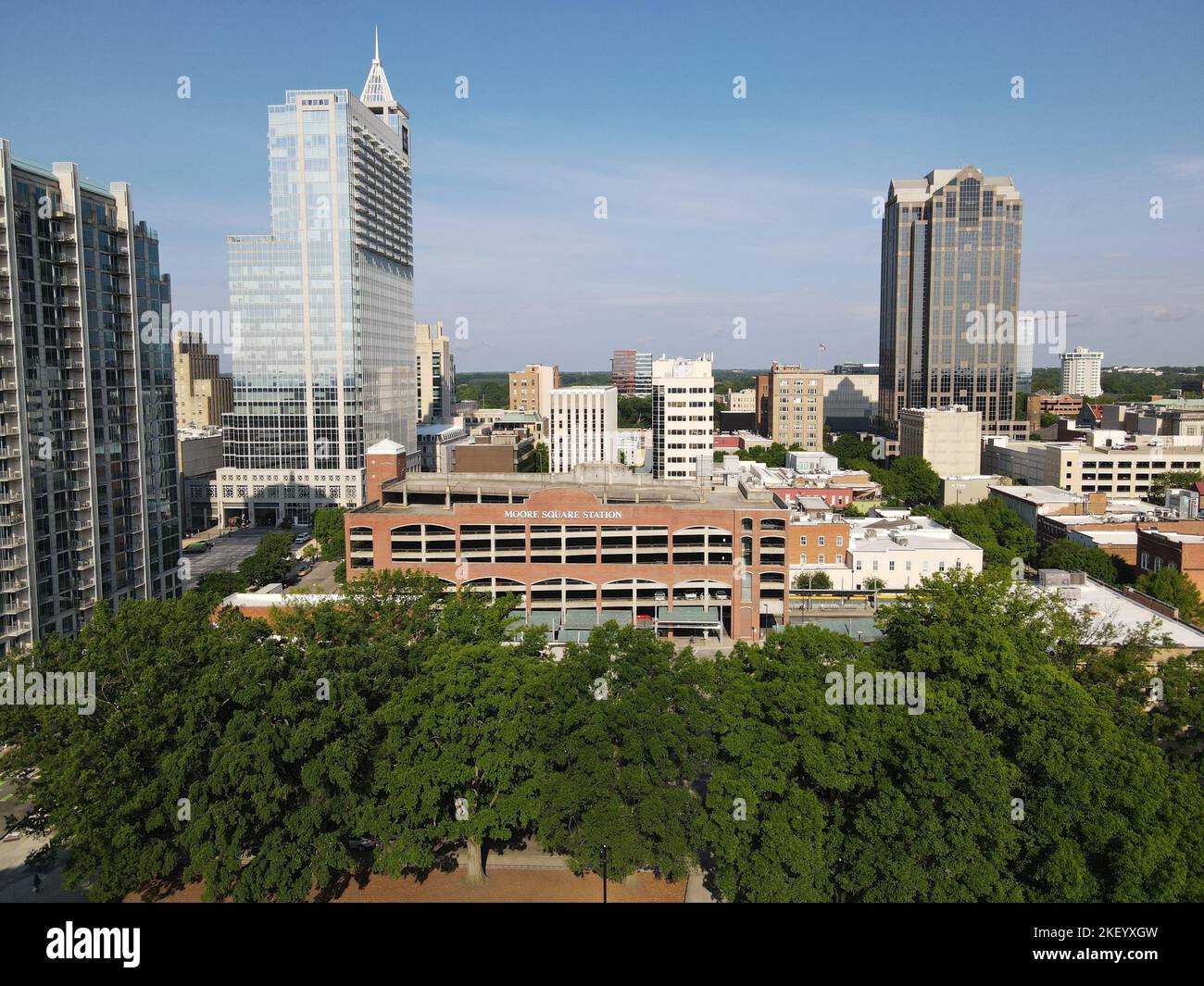 A high-angle of Raleigh downtown skyline with highrise apartment ...