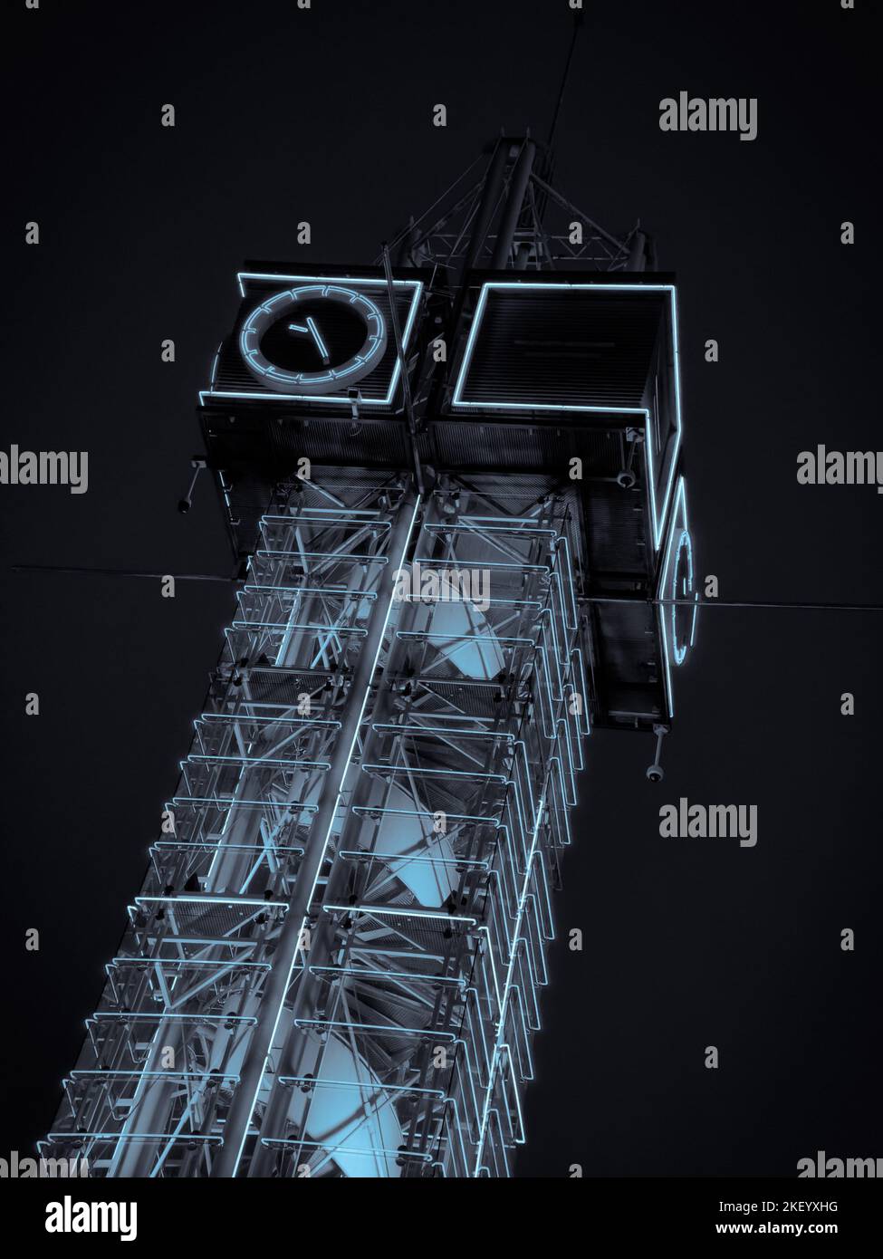 A vertical low-angle of the Neon tower in the central Oslo with the ...