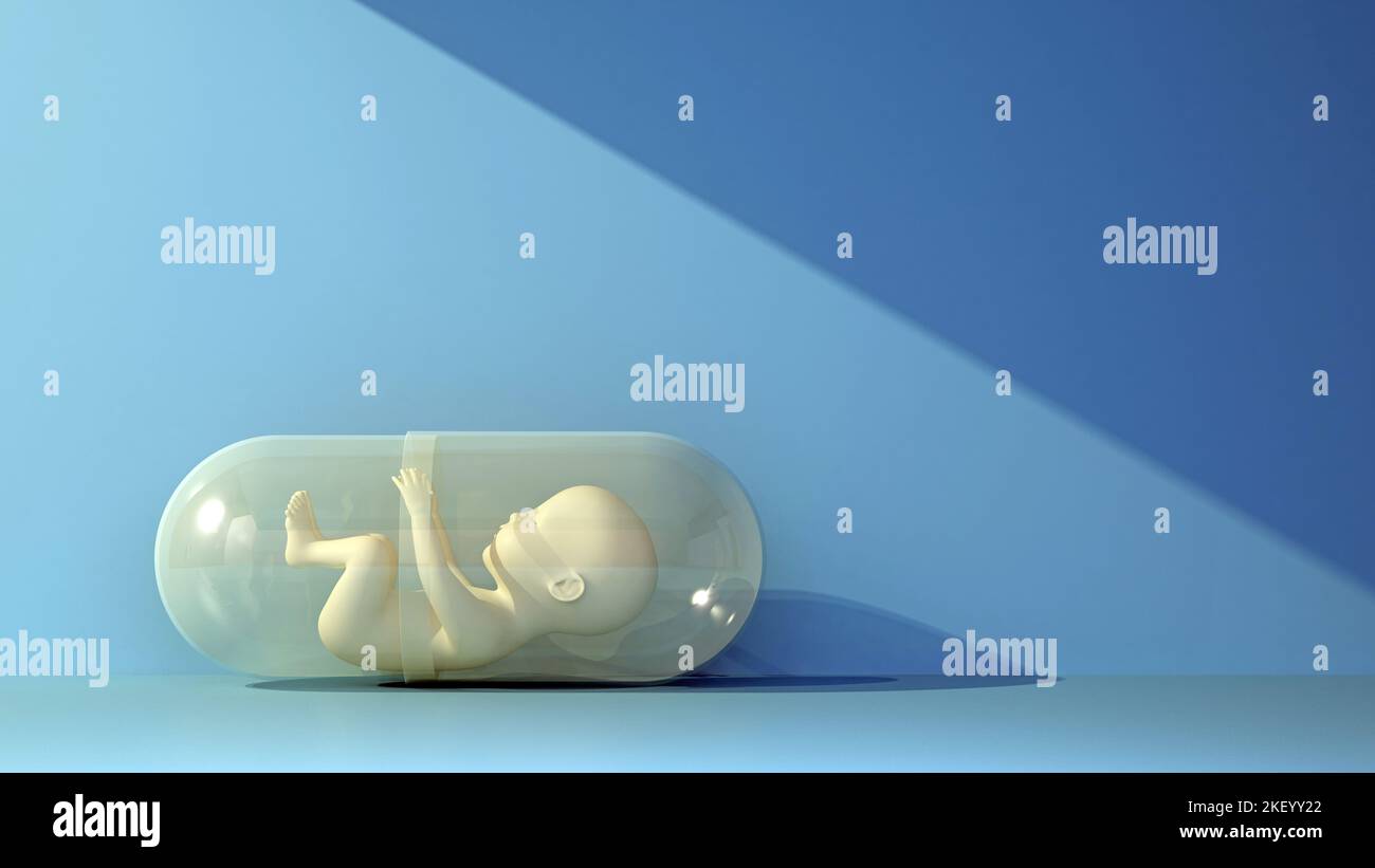 beam of light falls on a capsule with a human embryo. 3d rendering ...