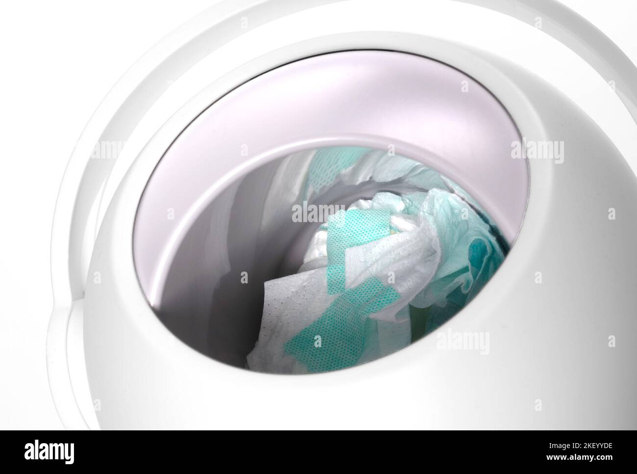 Diapers waste, dirty diaper in garbage pail, selective focus Stock ...