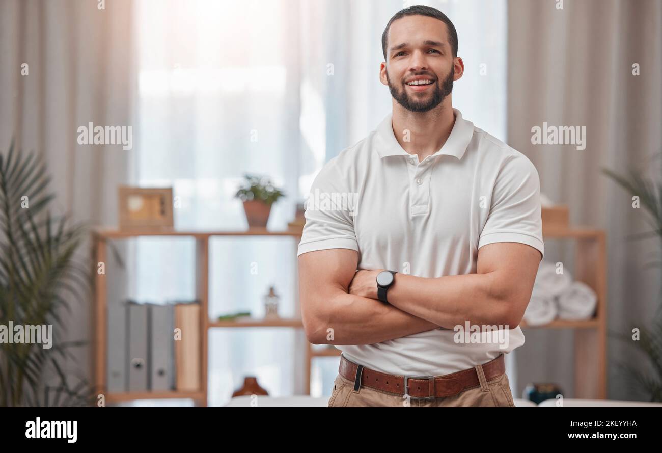 Physiotherapist, spa and chiropractor man employee portrait ready for ...