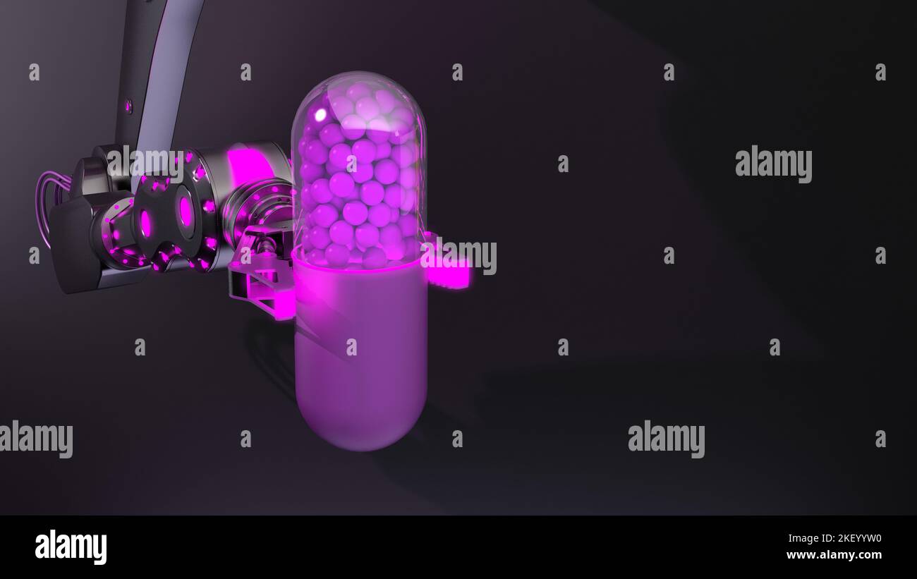 futuristic robot hand holding pill in purple light. 3d rendering Stock ...