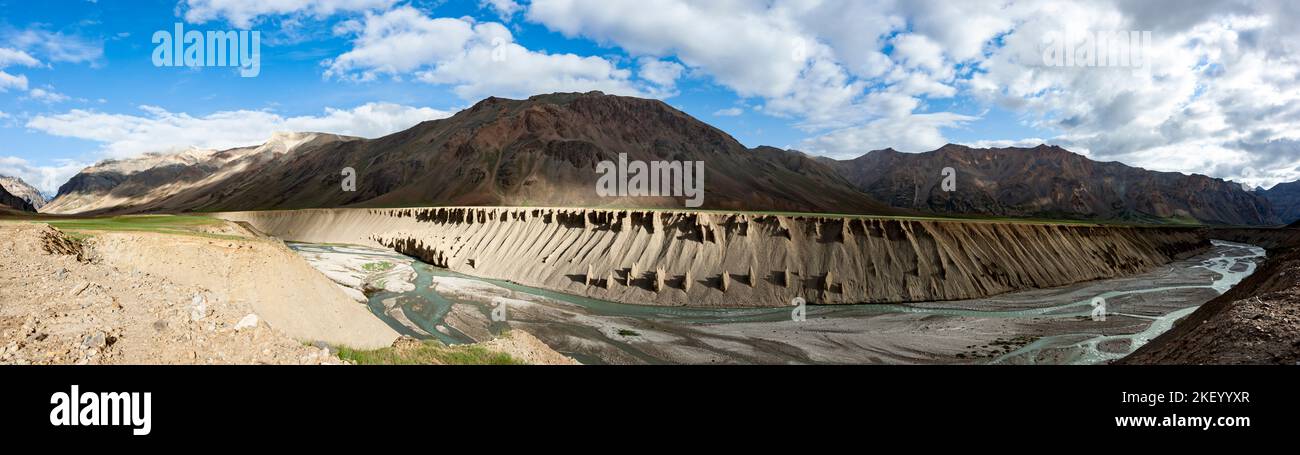 A panoramic view of the Tsarap River on the road going from Keylong to ...