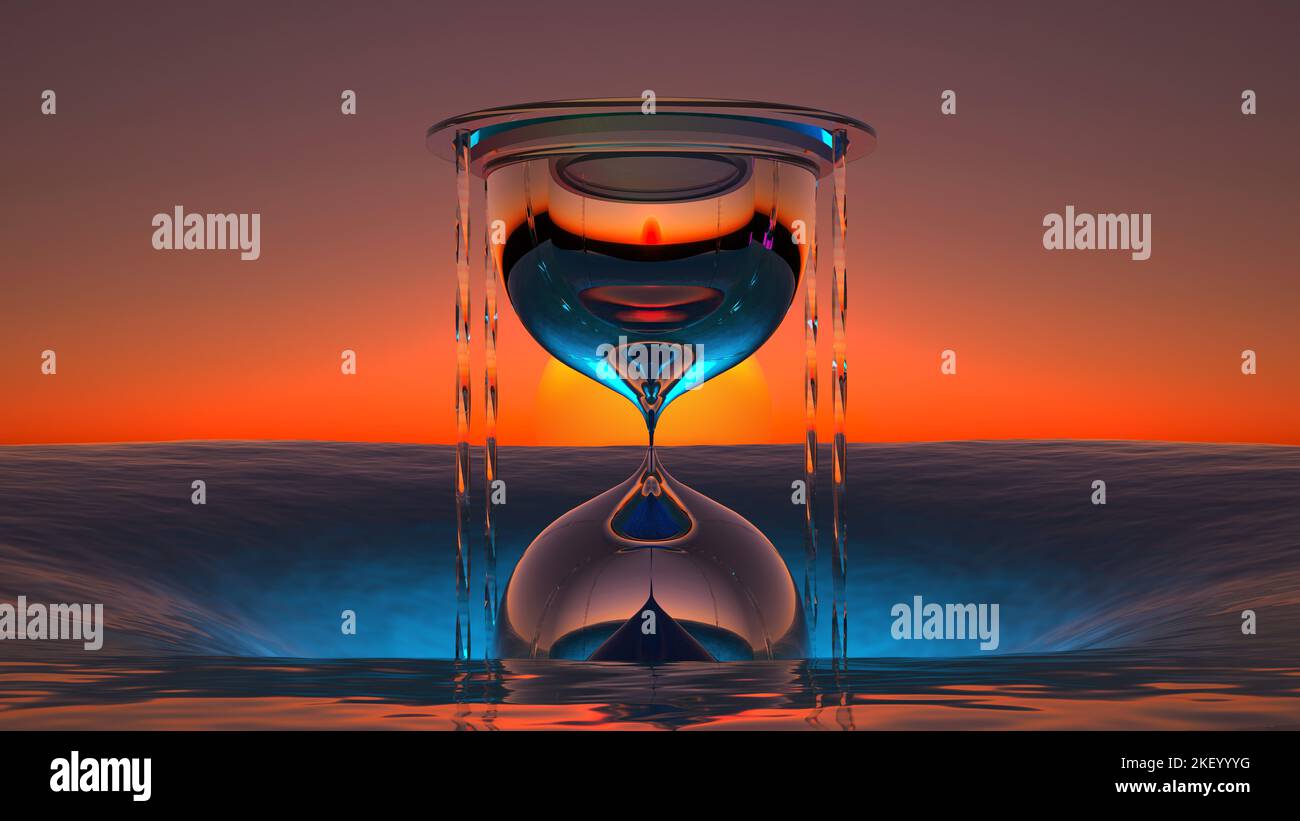 concept hourglass sinks into the sea at sunset. 3d rendering Stock ...