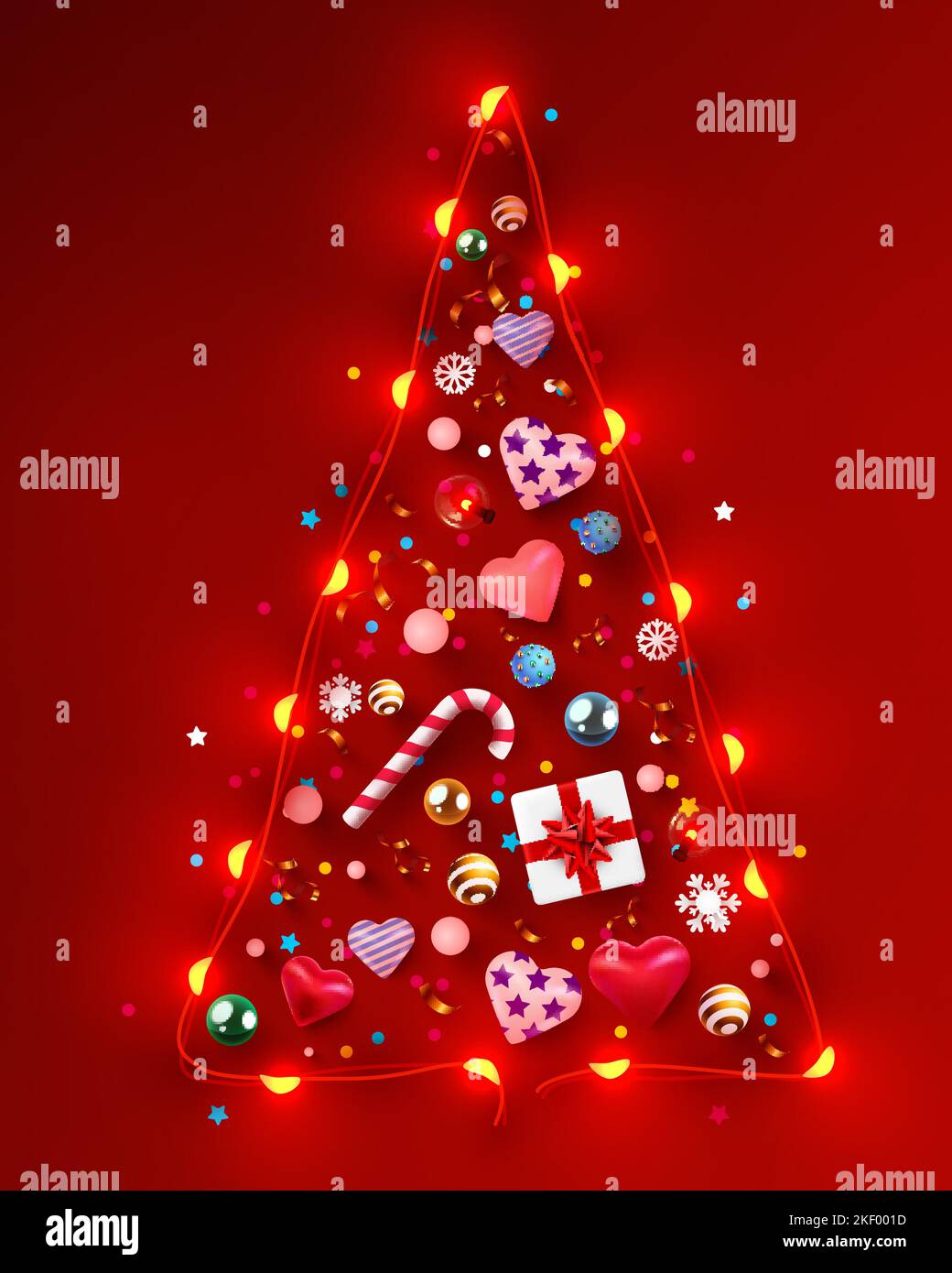 Creative triangle Christmas tree made of garland, shiny balls, confetti ...