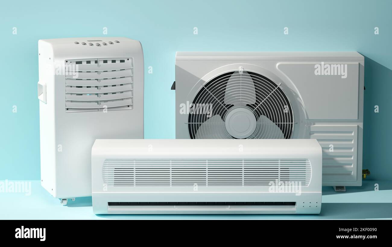 split system and portable air conditioner units. 3d rendering Stock ...