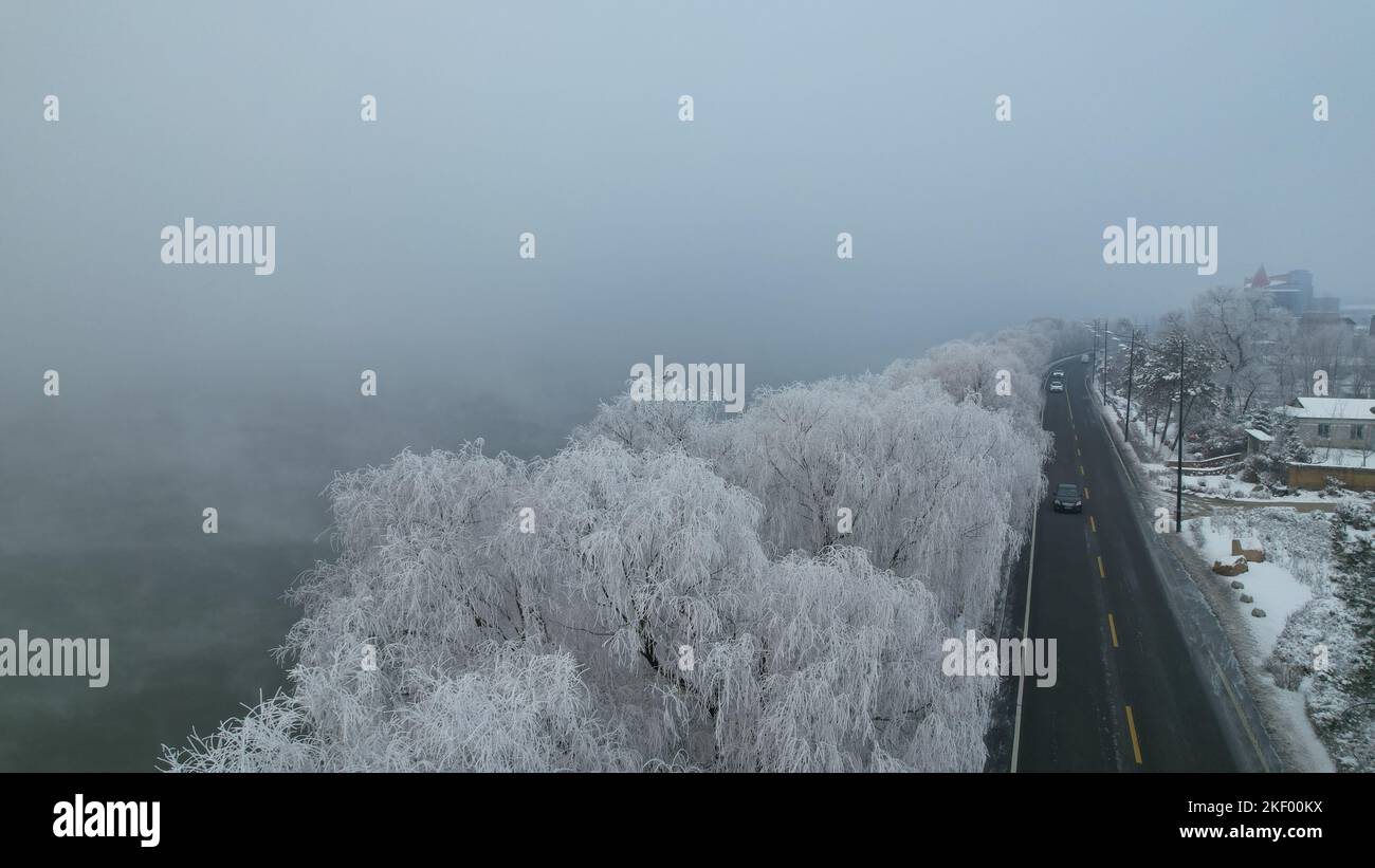 Aerial photo shows the first rime scenery of this winter appearing on ...