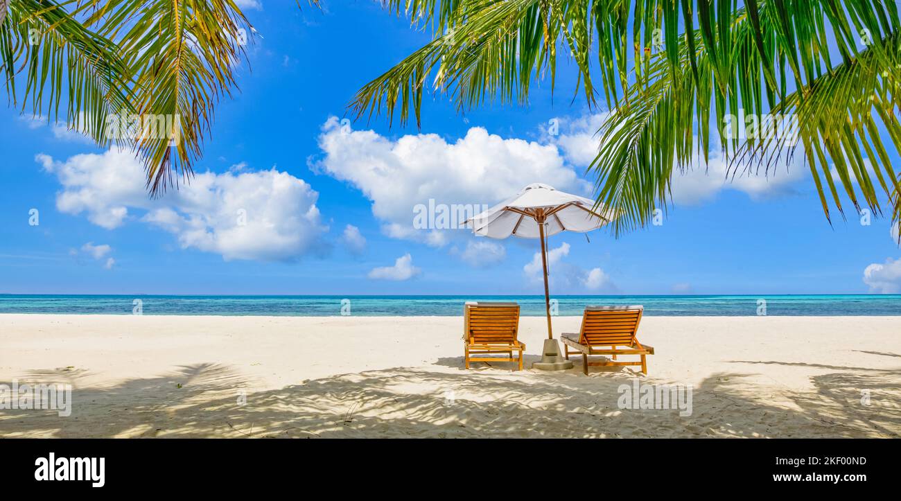 Amazing vacation beach. Couple chairs together by the sea banner ...
