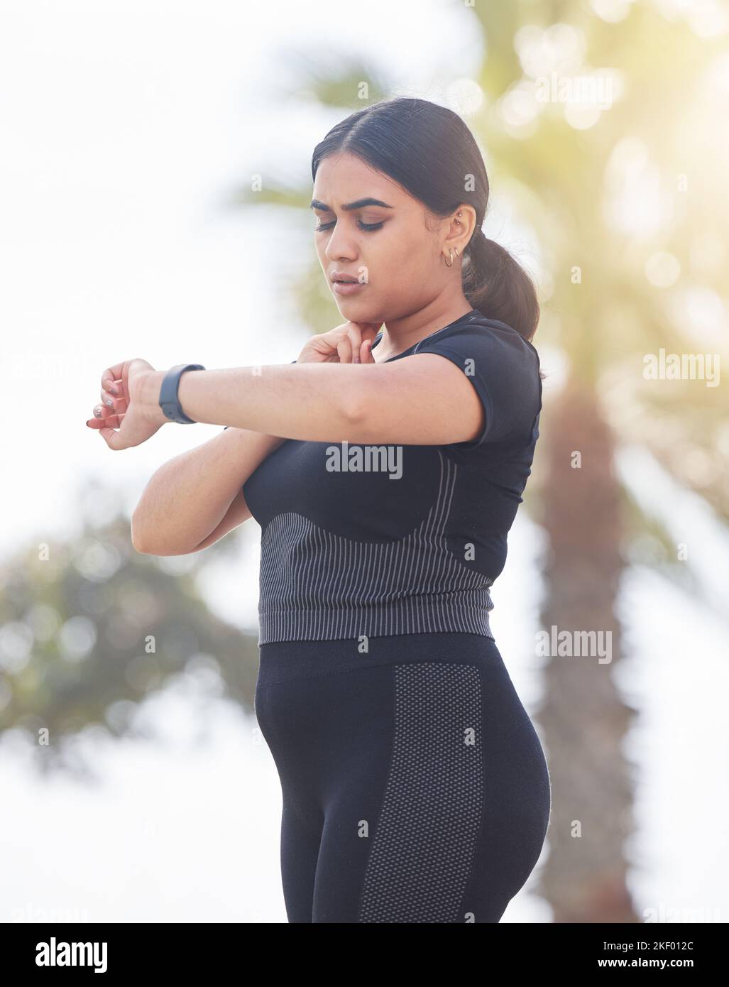 Young woman, fitness and heart rate, neck pulse and training plus size ...