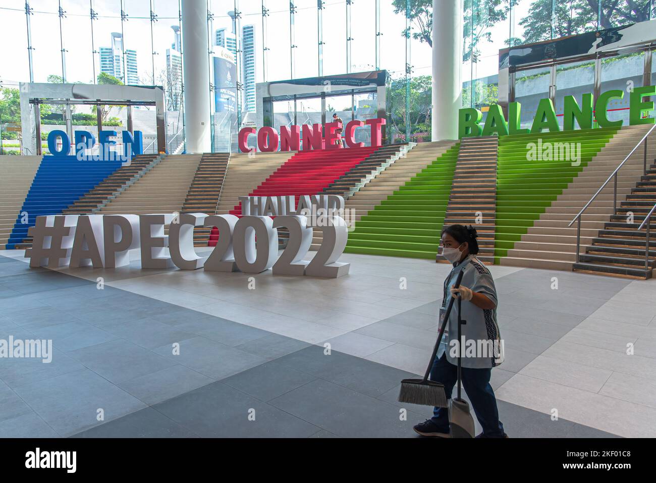 Bangkok, Thailand - 15 Nov 2022 , A janitor seen walking past the APEC ...