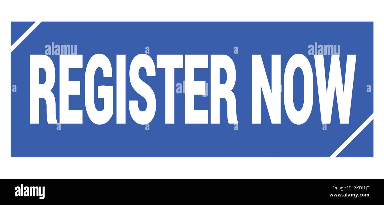 REGISTER NOW text written on blue grungy stamp sign Stock Photo - Alamy