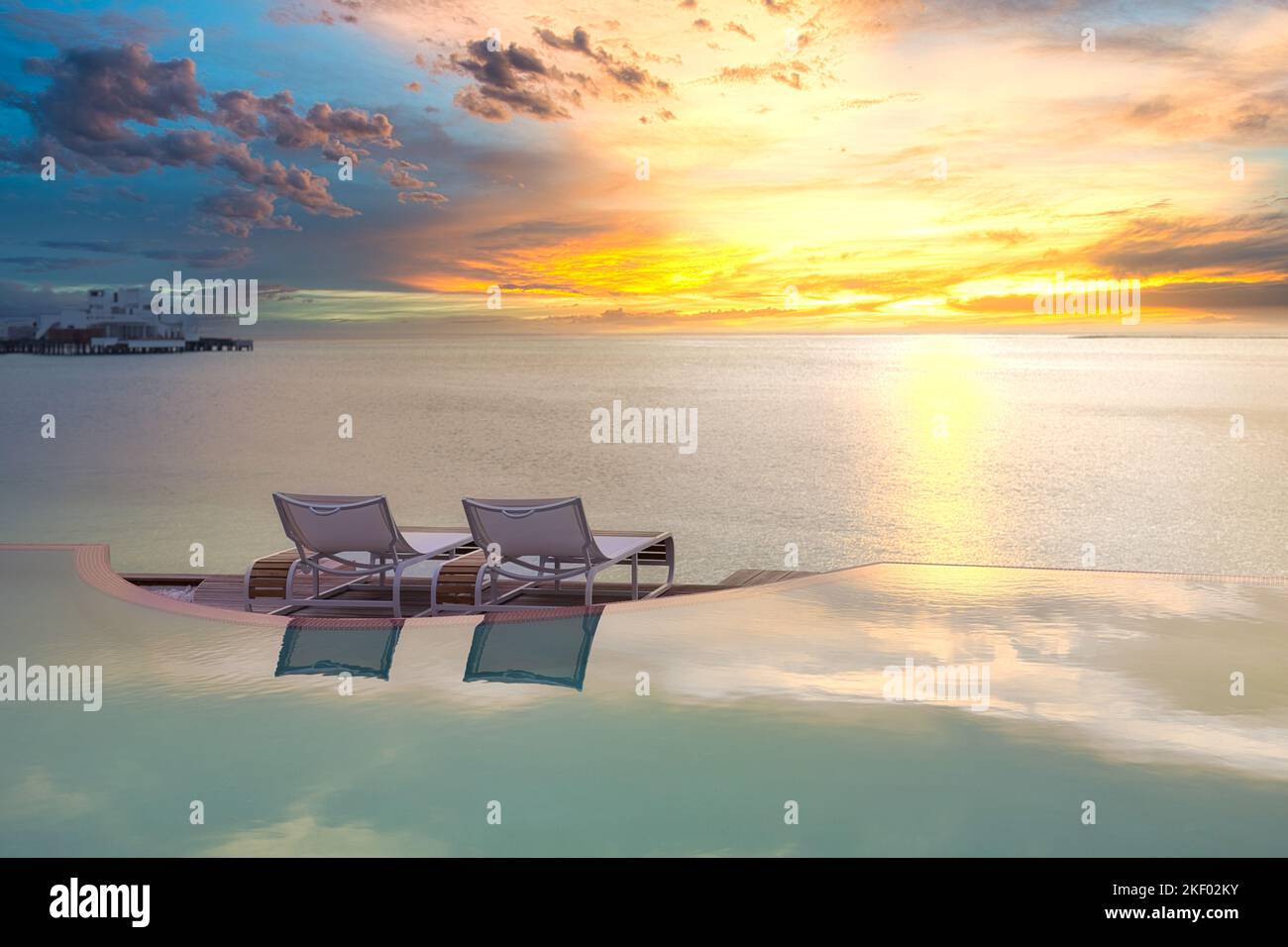 Seascape view under sunset light with dining table with infinity pool ...