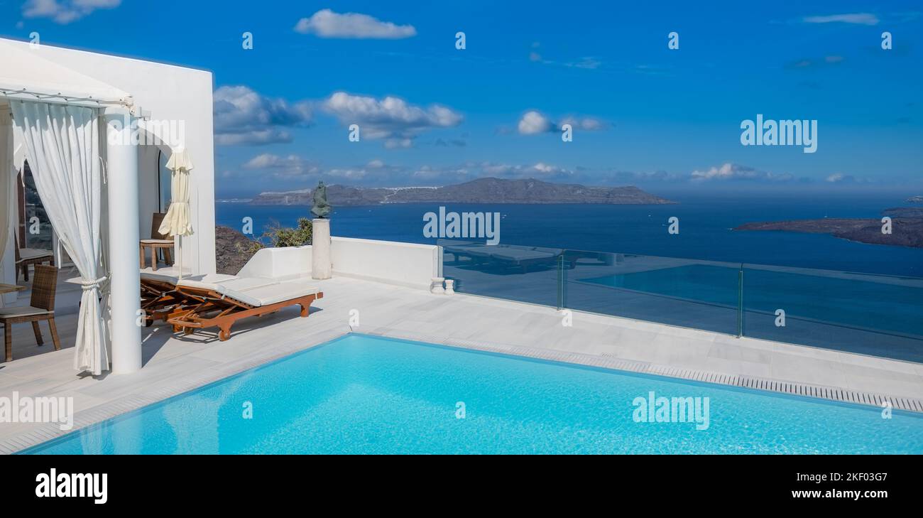 Greek island of Santorini. Amazing travel panorama, white houses ...